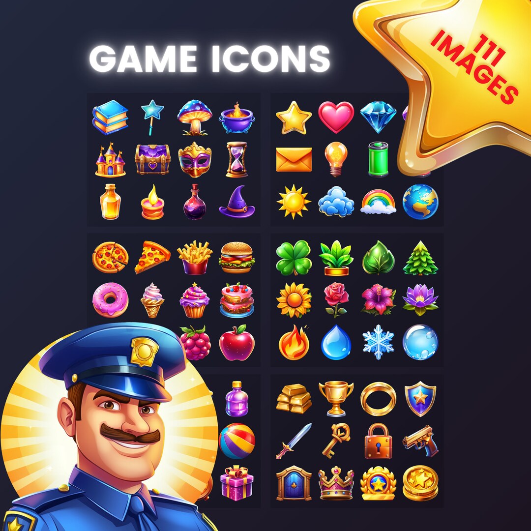 2D Game Icon Pack: 72 Icons, 12 Characters, 24 Backgrounds, Colourful ...