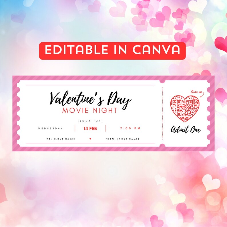 Valentine's Day Printable MOVIE NIGHT Gift Tickets, Voucher. Surprise ...
