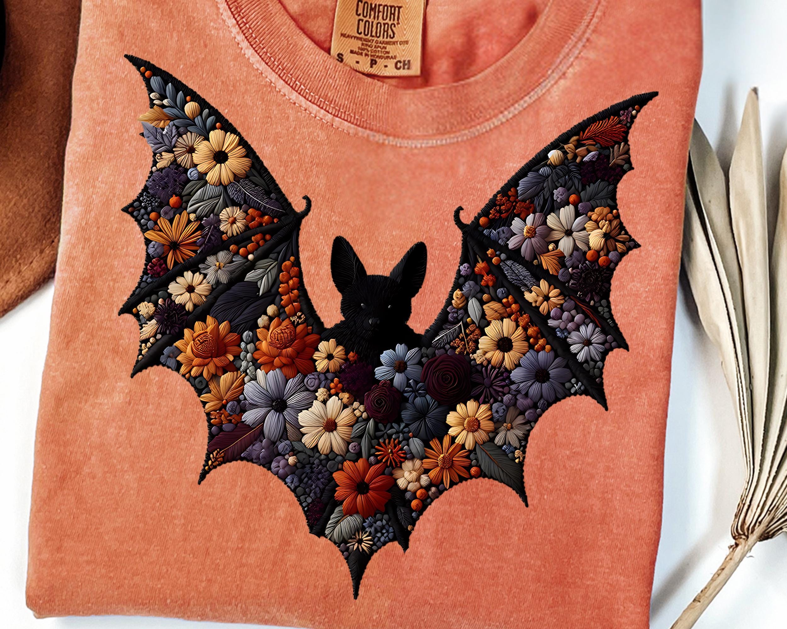Faux Embroidery Floral Bat Png, Embroidered Bat PNG, Halloween ...