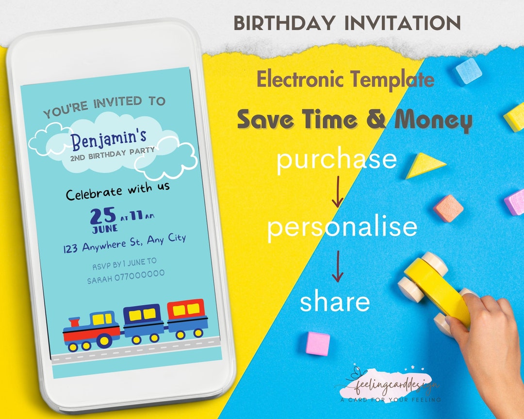 Train Digital Birthday Invite Templates for Boys Parties Customizable ...