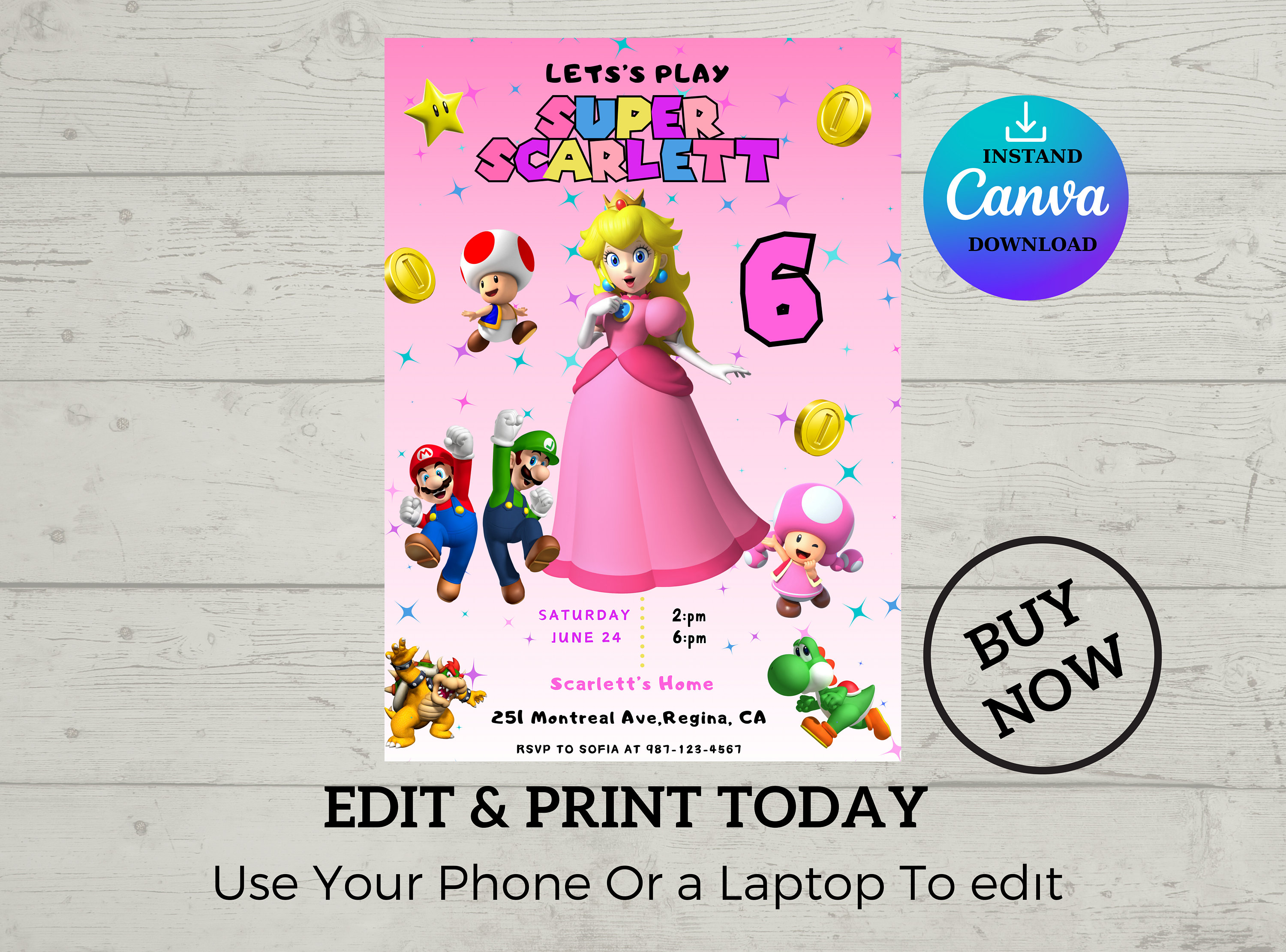 Princess Peach Invitation Super Mario Princess Birthday Invite - Etsy ...