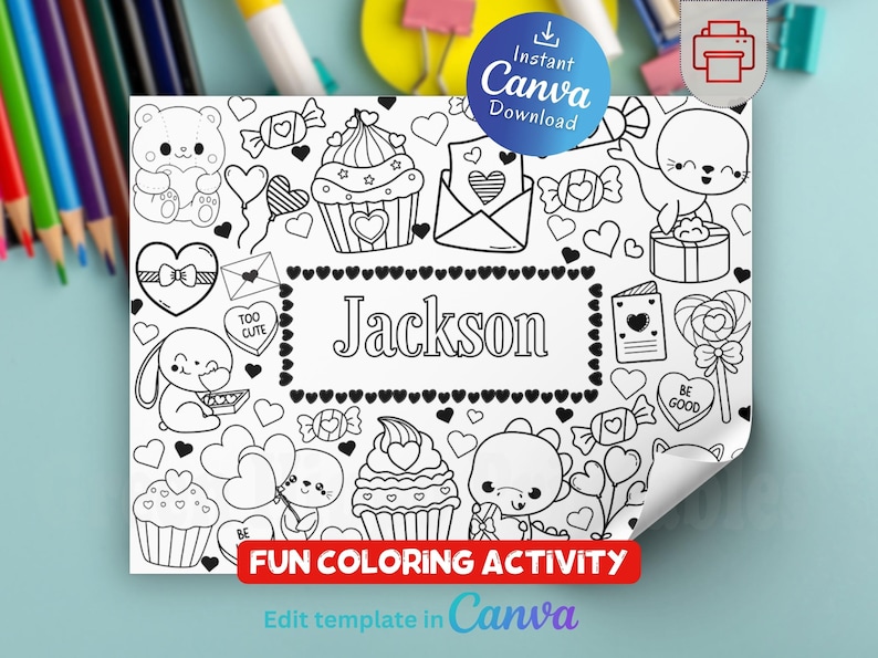 Editable Coloring Valentines Day Activity Placemats Custom Valentines ...