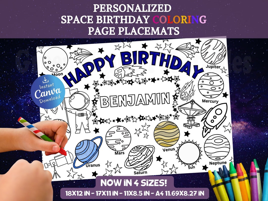 Editable Space Birthday Coloring Activity Placemat Printable Planet ...