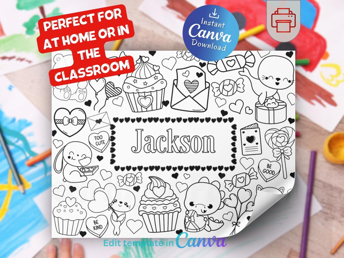 Editable Coloring Valentines Day Activity Placemats Custom Valentines ...
