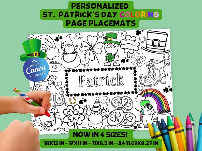 Editable St. Patrick's Day Coloring Activity Placemat Custom Printable ...