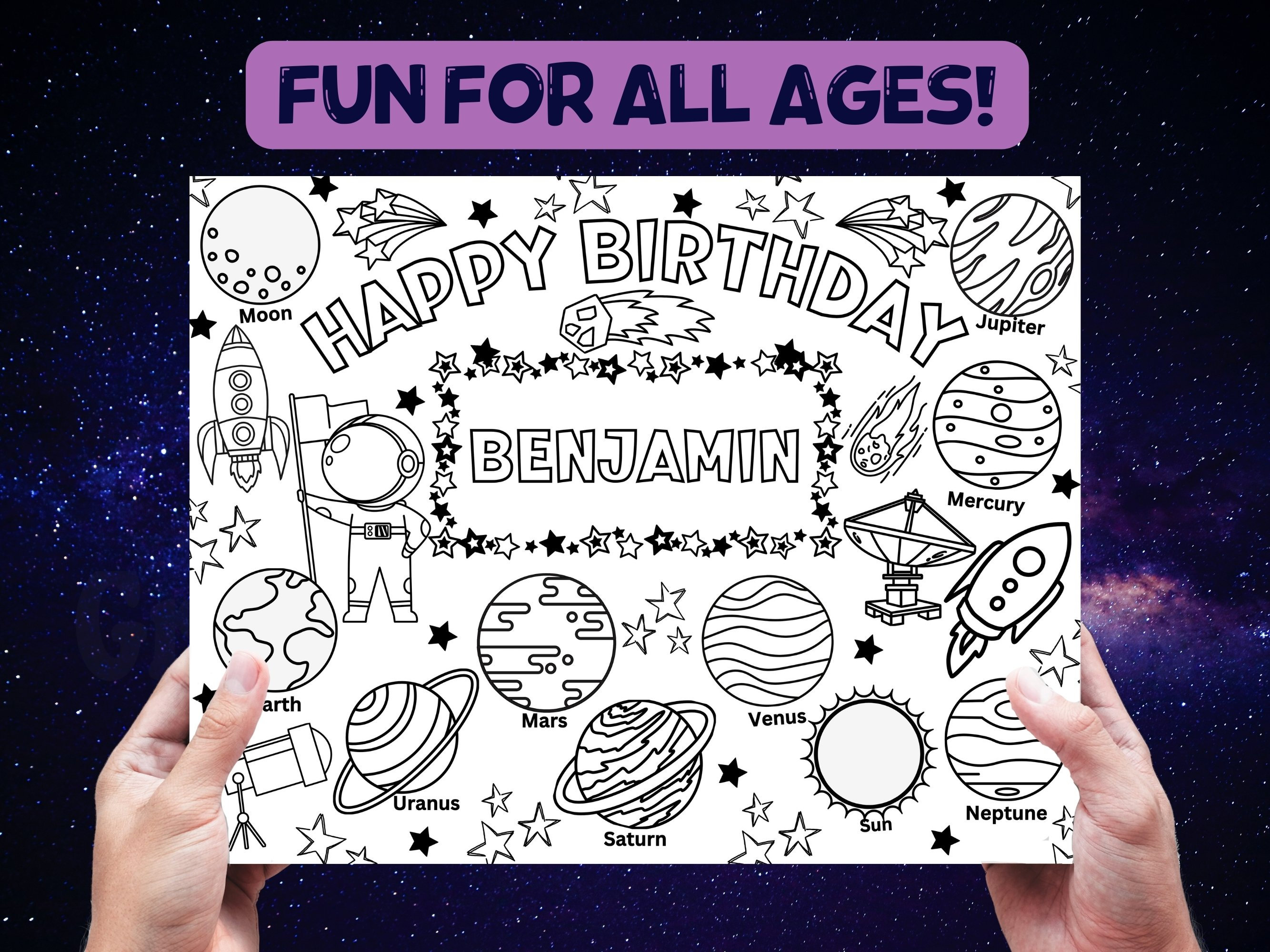 Editable Space Birthday Coloring Activity Placemat Printable Planet ...