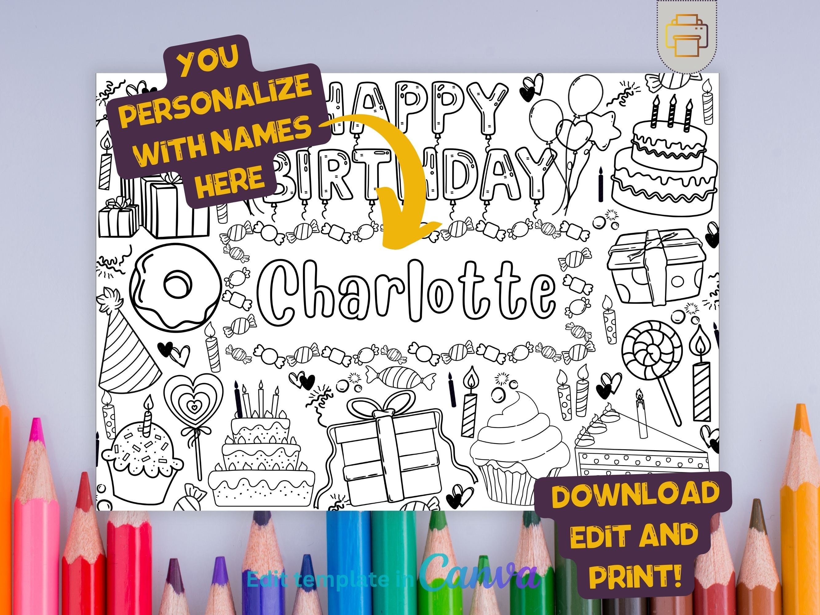 Editable Birthday Coloring Printable Placemat, Custom Birthday Party ...