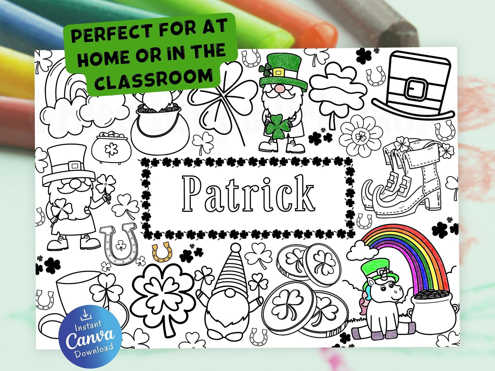 Editable St. Patrick's Day Coloring Activity Placemat Custom Printable ...