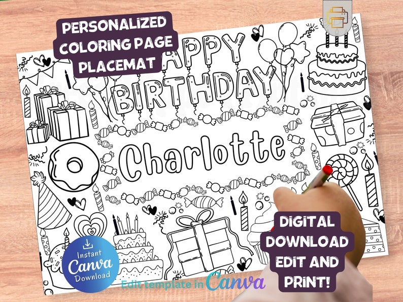 Editable Birthday Coloring Printable Placemat, Custom Birthday Party ...