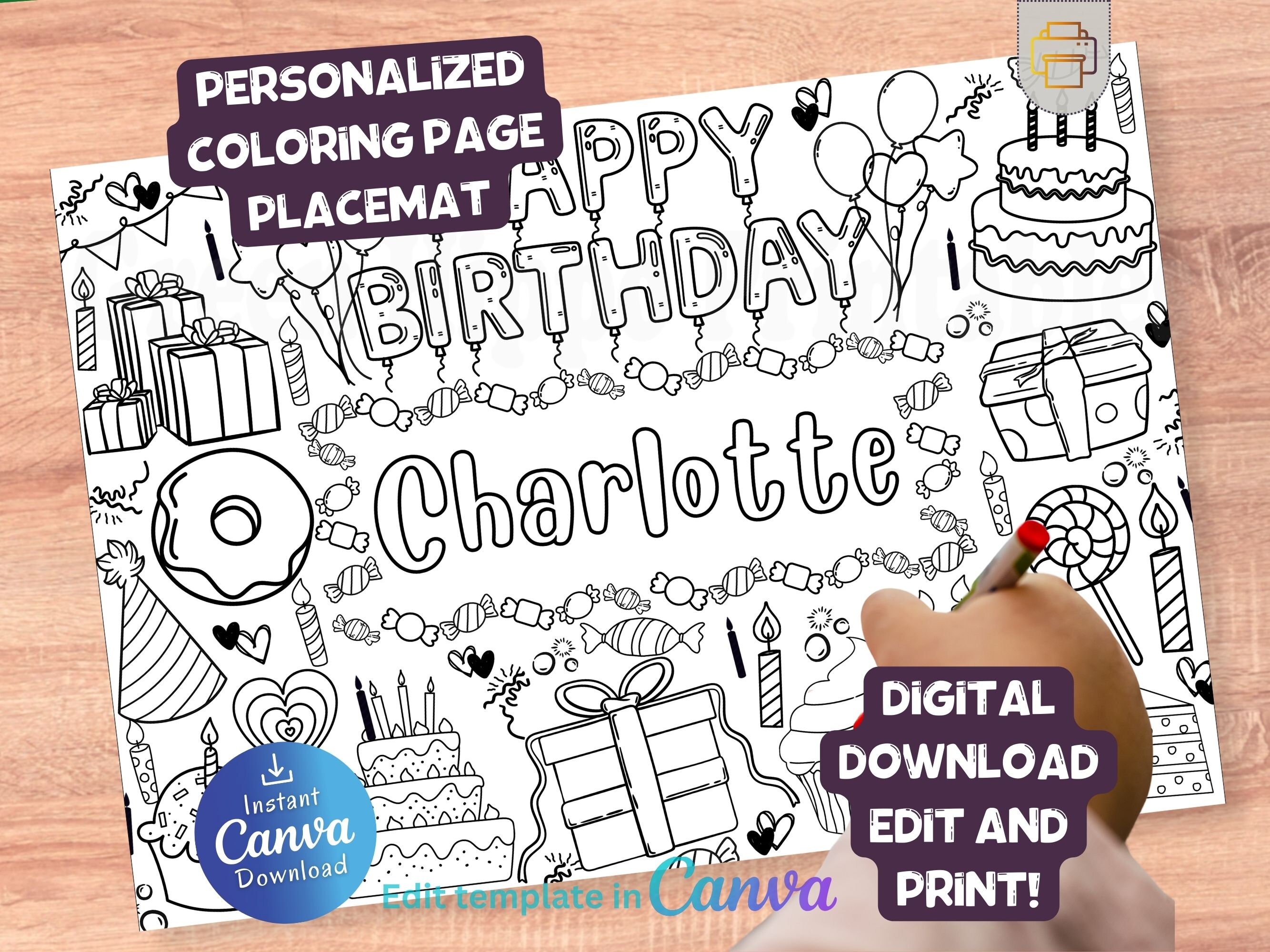 Editable Birthday Coloring Printable Placemat, Custom Birthday Party ...