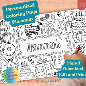 Editable Birthday Coloring Printable Placemat, Personalized Name ...