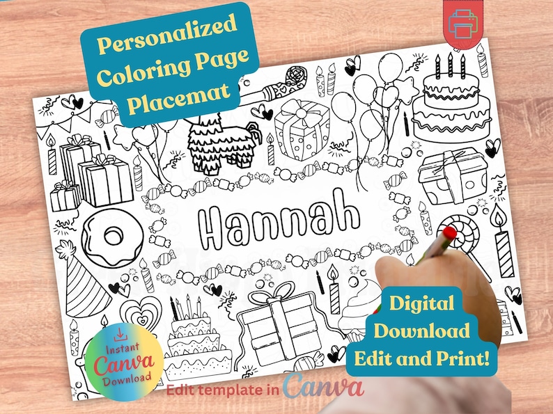 Personalized Birthday Coloring Placemat: Canva Editable (download ...