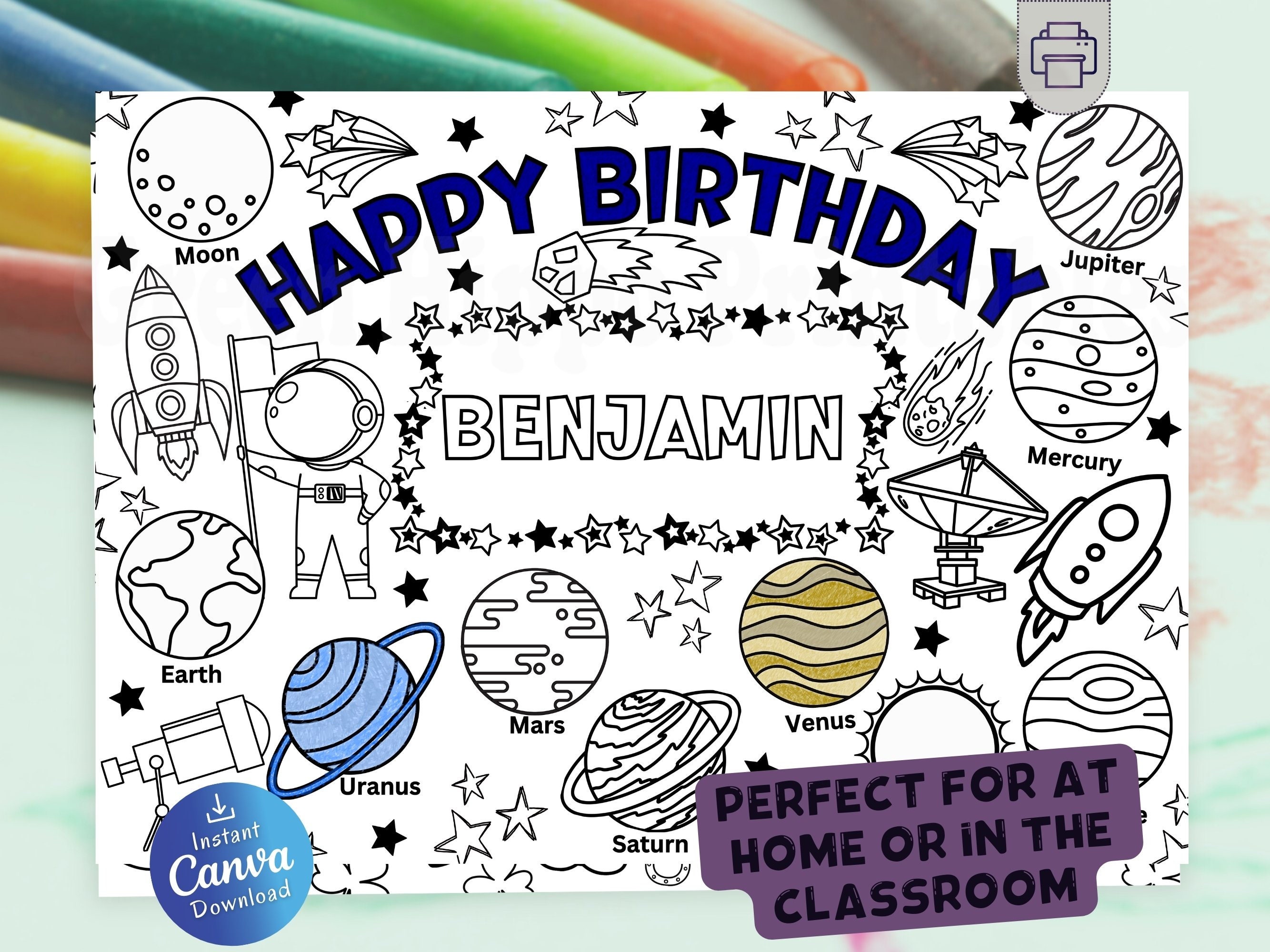 Editable Space Birthday Coloring Activity Placemat Printable Planet ...