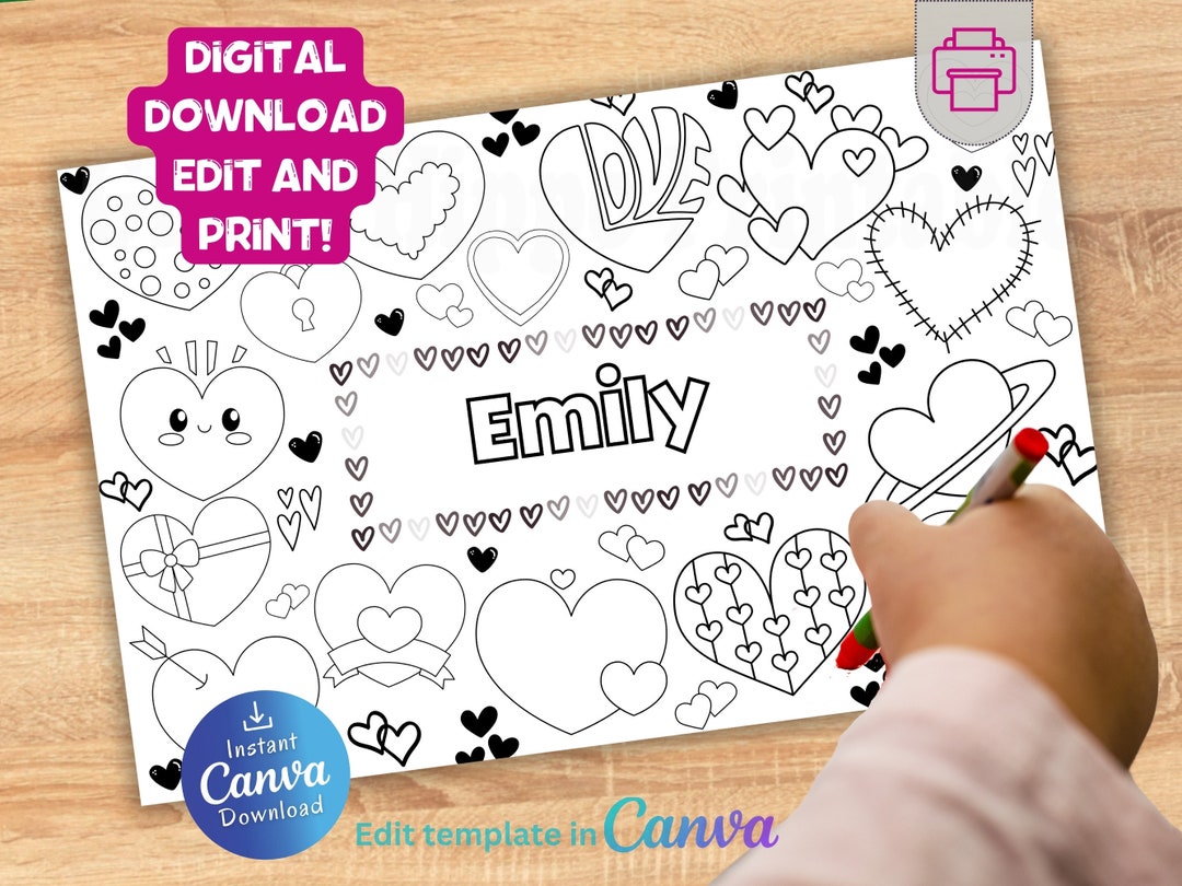 Editable Valentine's Day Coloring Placemat: Kids Activity (digital ...