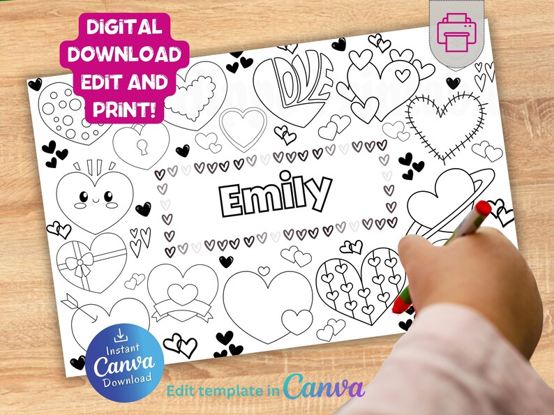 Editable Valentine's Day Coloring Placemat: Kids Activity (digital ...