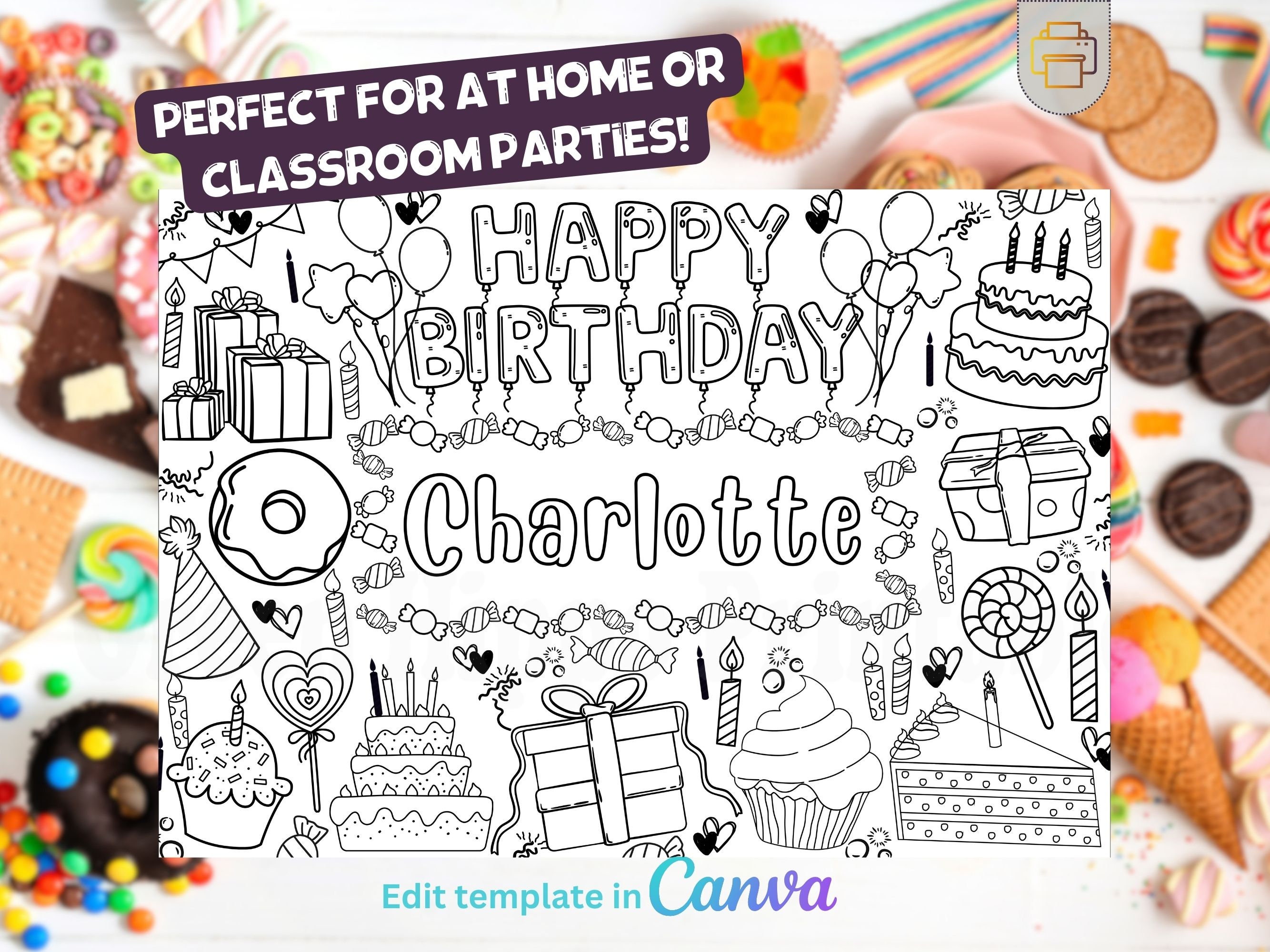 Editable Birthday Coloring Printable Placemat, Custom Birthday Party ...