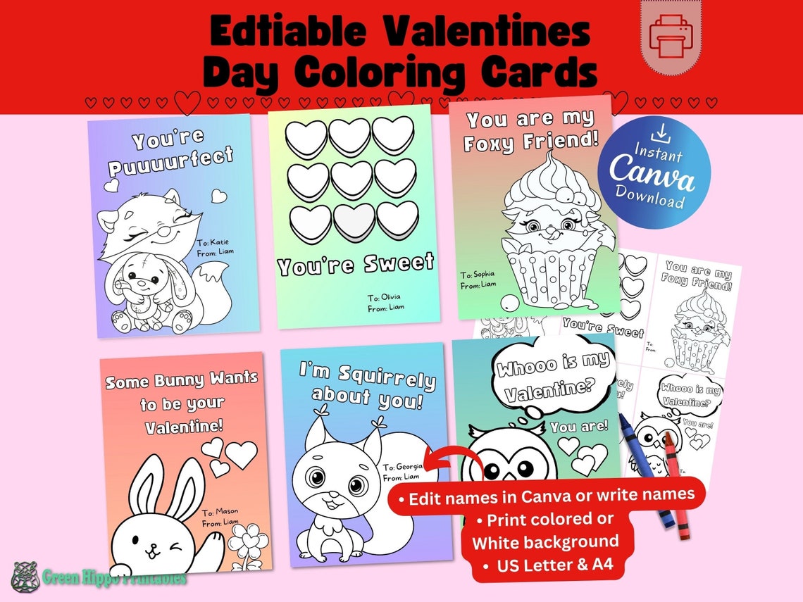 Editable Valentines Day Coloring Valentine Cards Printable Kids ...