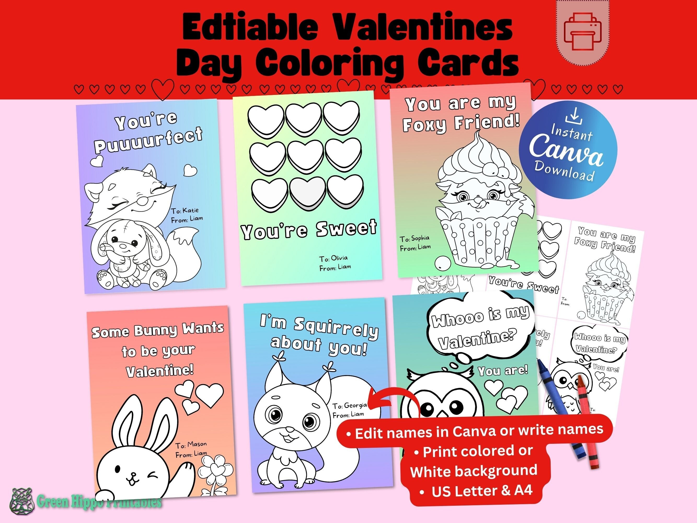 Editable Valentines Day Coloring Valentine Cards Printable Kids ...
