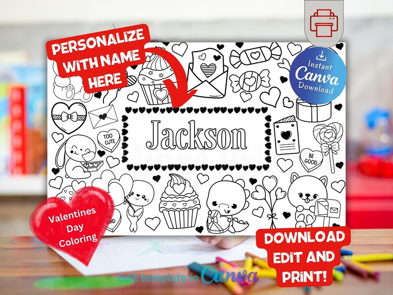 Editable Coloring Valentines Day Activity Placemats Custom Valentines ...