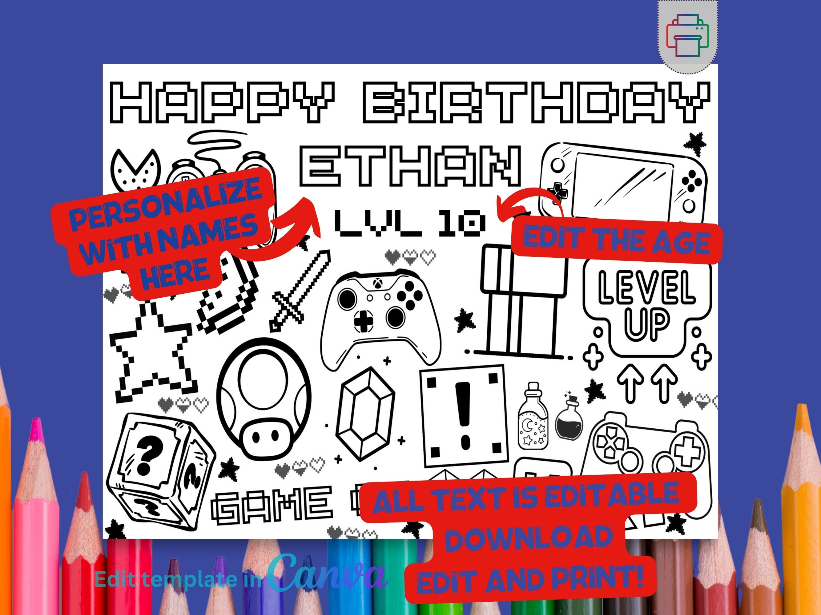 Editable Gaming Birthday Coloring Page Placemats Custom Coloring Mat ...