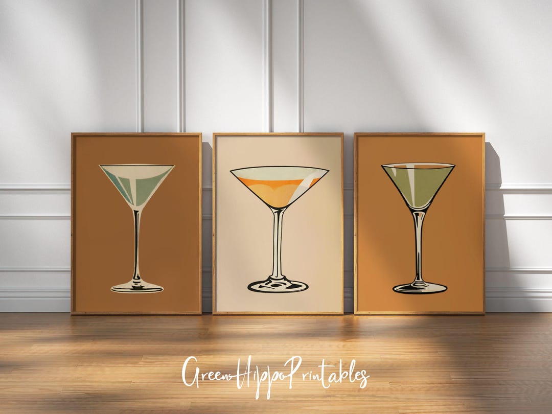 Retro Martini Glass Bar Art Print Set: Modern Cocktail 3 Piece Wall Art ...