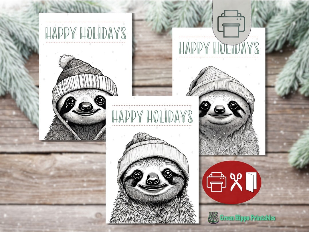 Printable Sloth 5x7 Card Set Happy Holidays Cards Paper Card Christmas ...