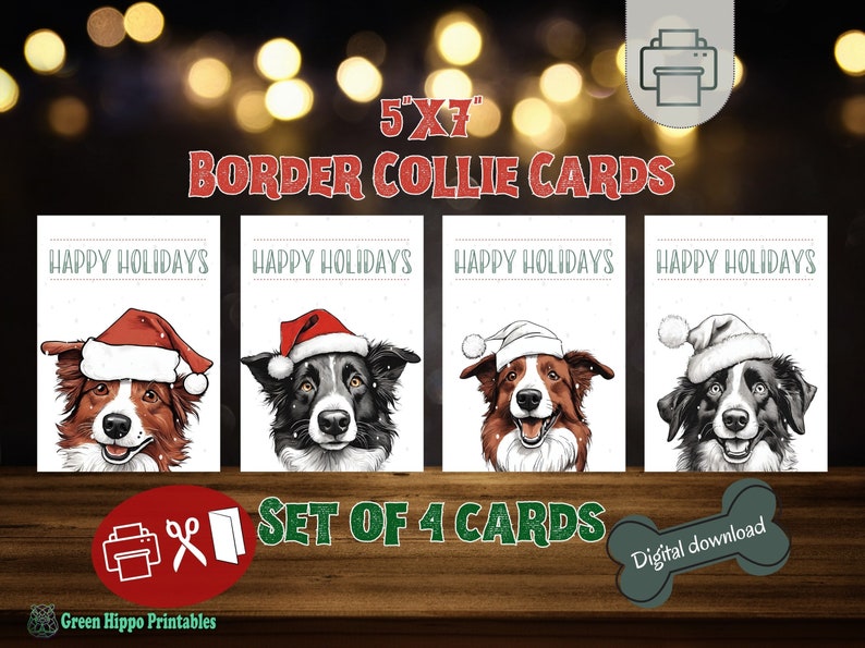 Border Collie Card Set Printable Greeting 5x7 Card Happy Holiday Card ...