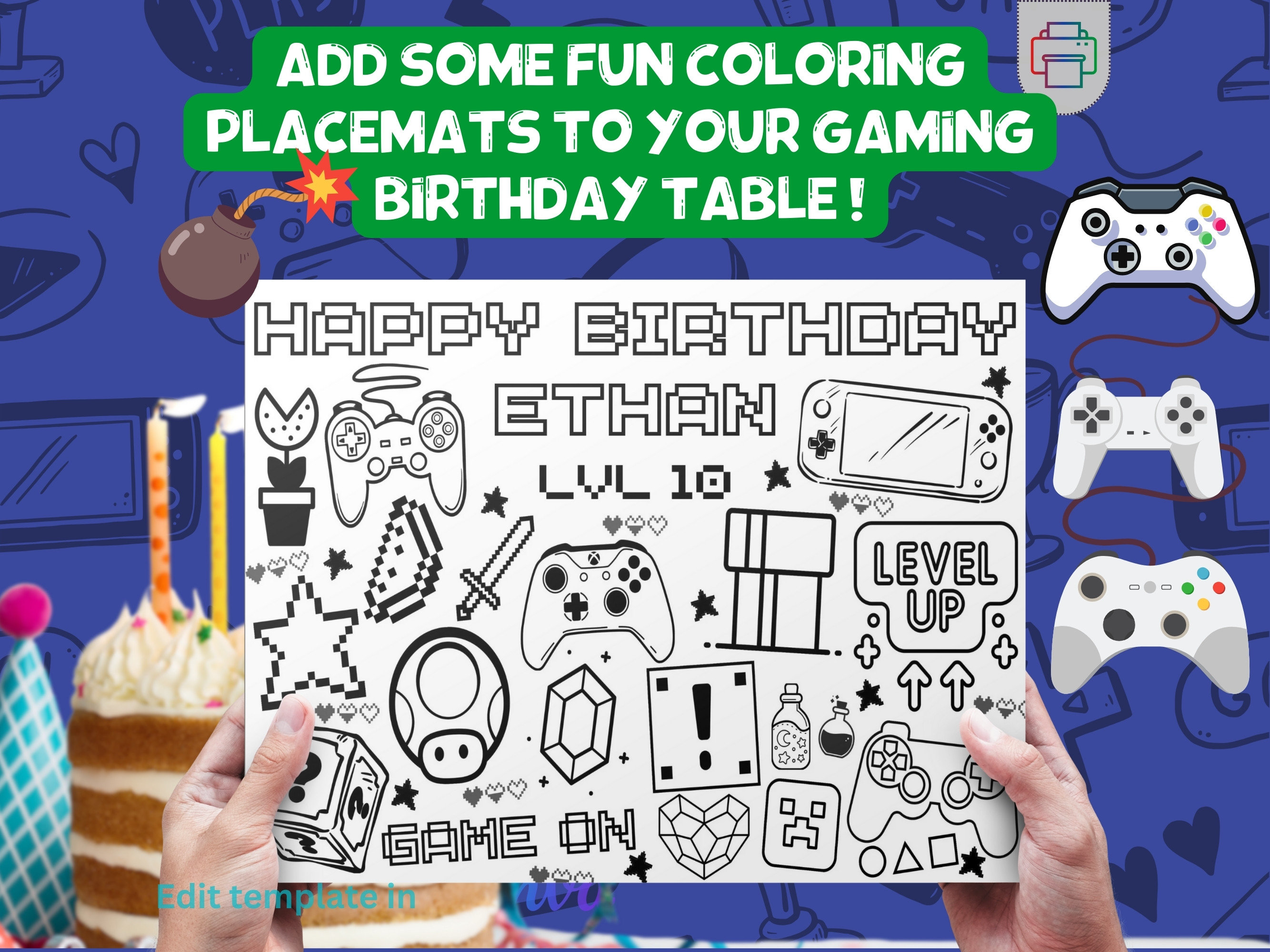 Editable Gaming Birthday Coloring Page Placemats Custom Coloring Mat ...