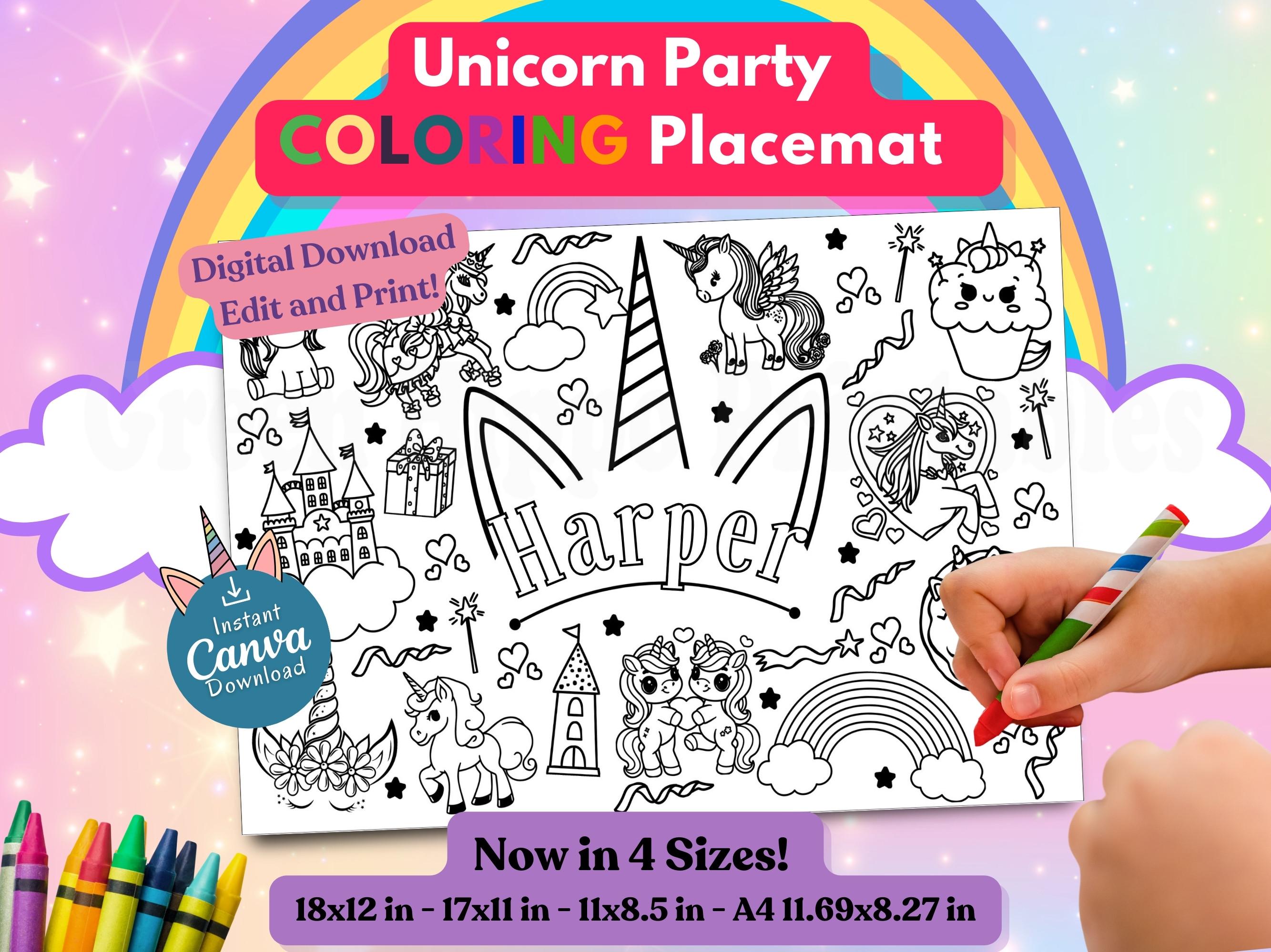 Editable Magical Unicorn Birthday Coloring Printable Placemat, Custom ...