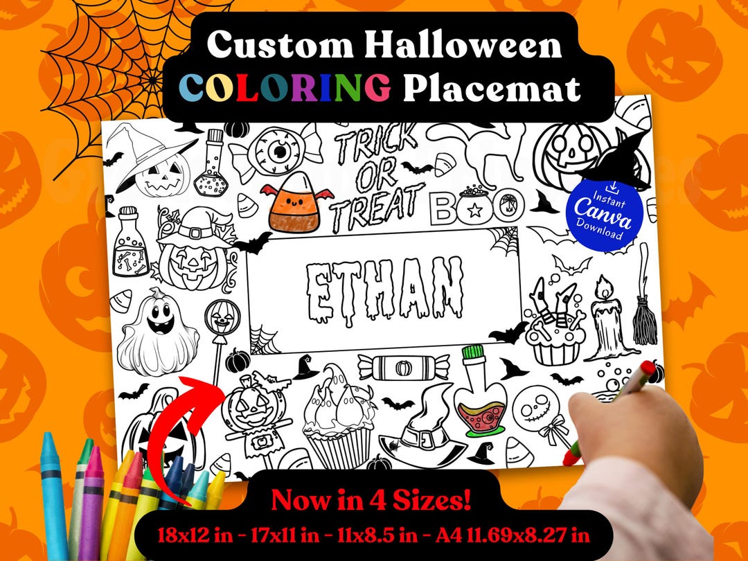 Editable Halloween Printable Coloring Placemat, Personalized Name ...