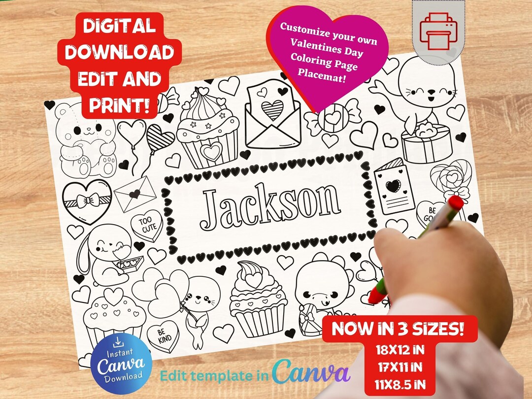 Editable Coloring Valentines Day Activity Placemats Custom Valentines ...