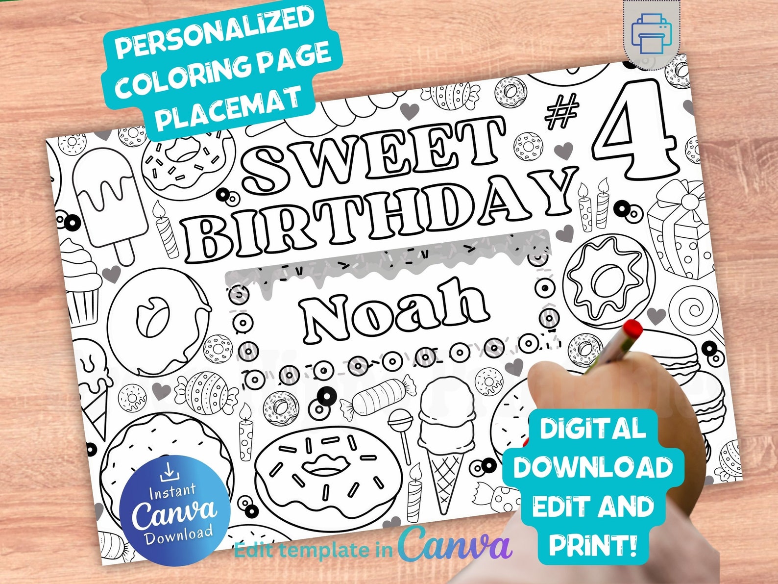 Personalized Birthday Coloring Placemat: Sweet Two/fourever (canva ...
