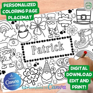Editable St. Patrick's Day Coloring Activity Placemat Custom Printable ...