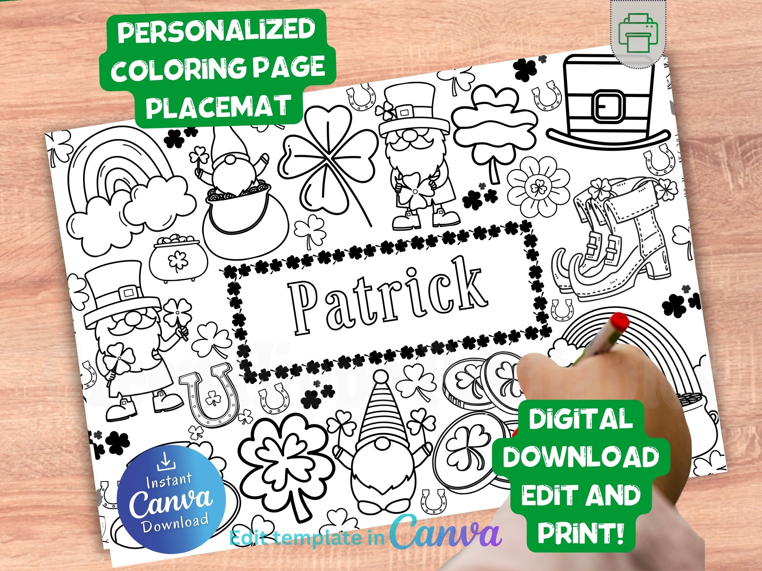Editable St. Patrick's Day Coloring Activity Placemat Custom Printable ...