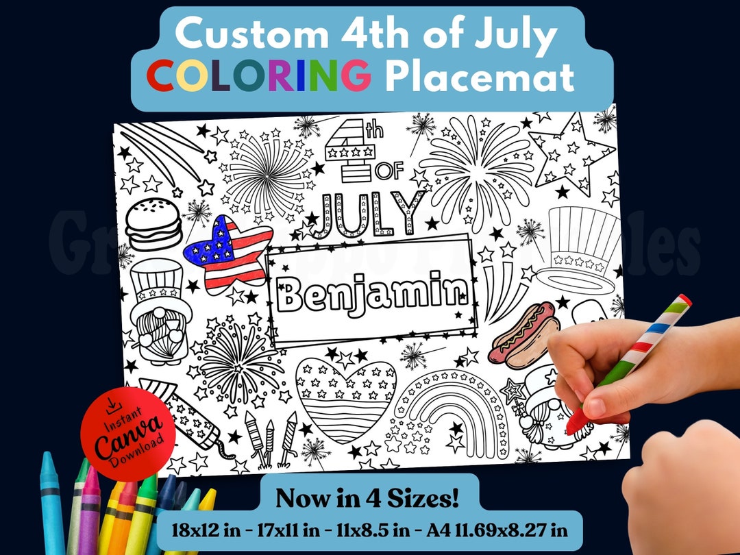 Editable 4th of July Coloring Printable Placemat, Personalized Name ...