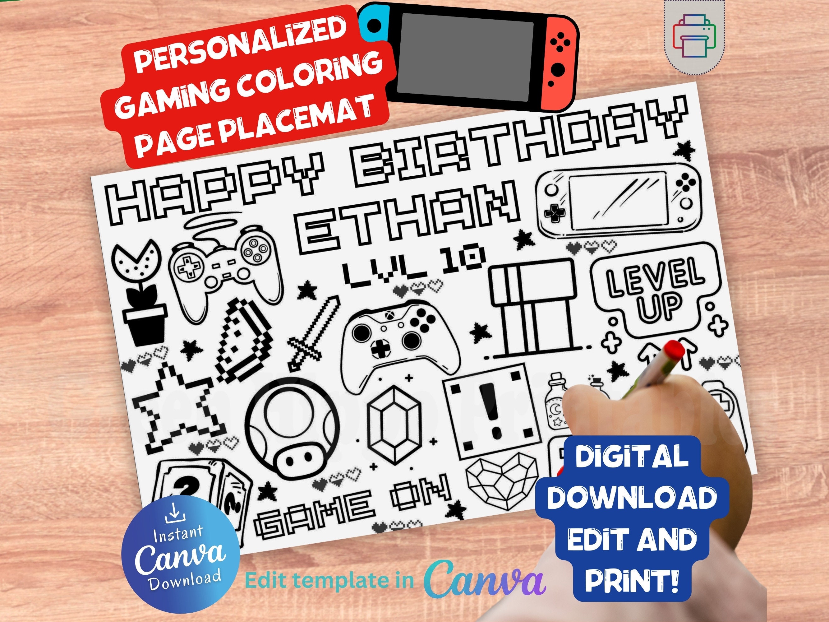 Editable Gaming Birthday Coloring Page Placemats Custom Coloring Mat ...
