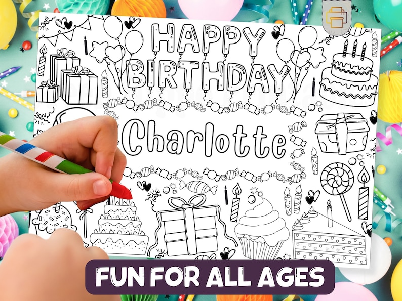 Editable Birthday Coloring Printable Placemat, Custom Birthday Party ...