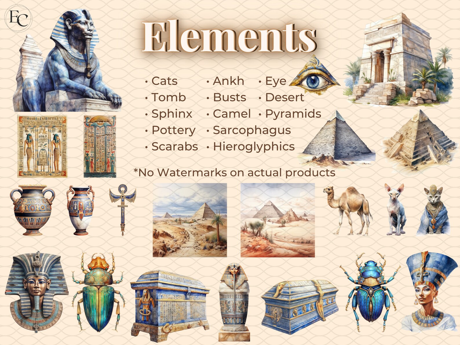 Watercolor Ancient Egyptian Gods & Monsters Clipart, Fantasy Ancient ...
