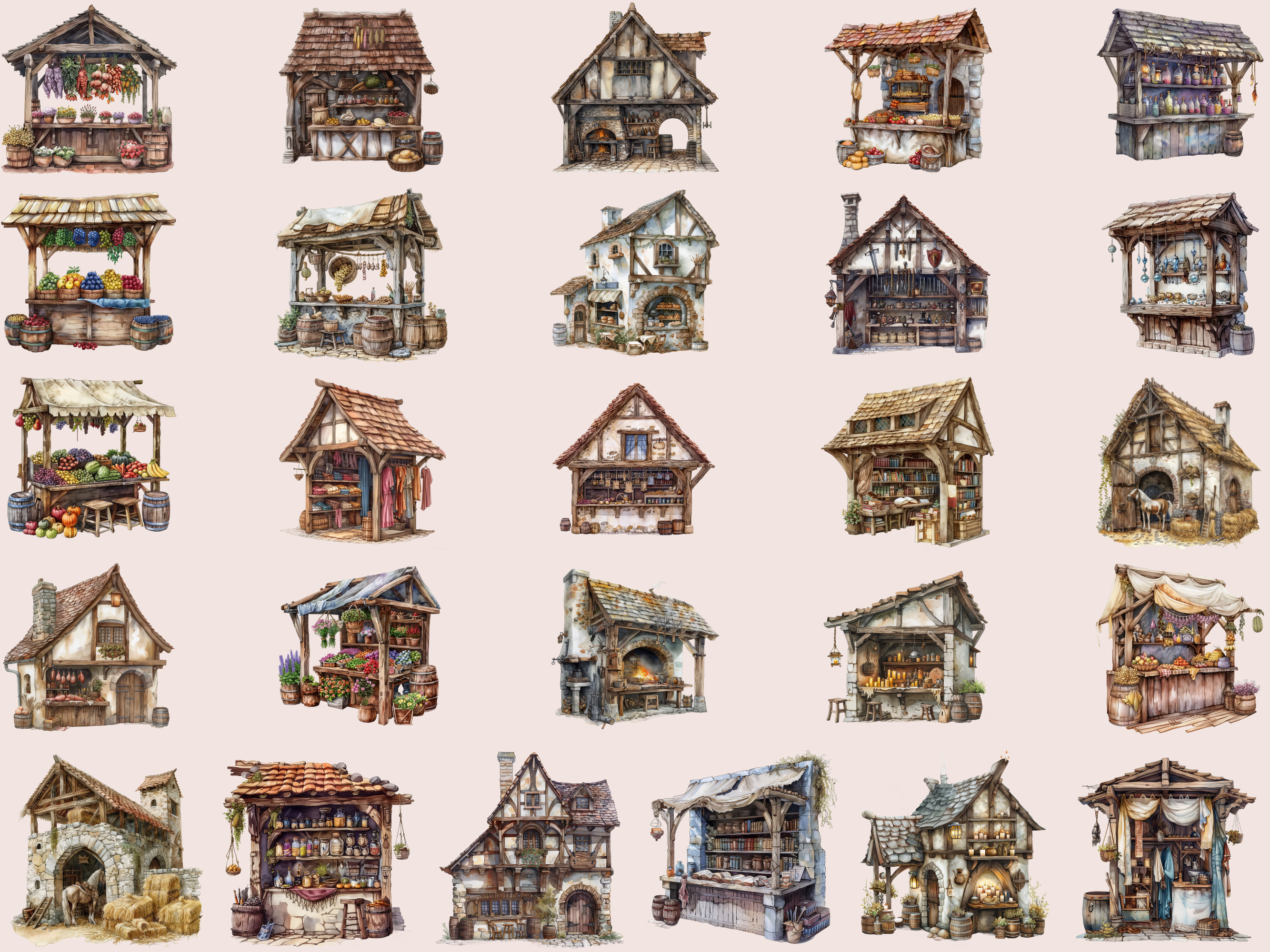 27 PNG Watercolor Fantasy Fairy Tale Shops Clipart Bundle, Medieval ...