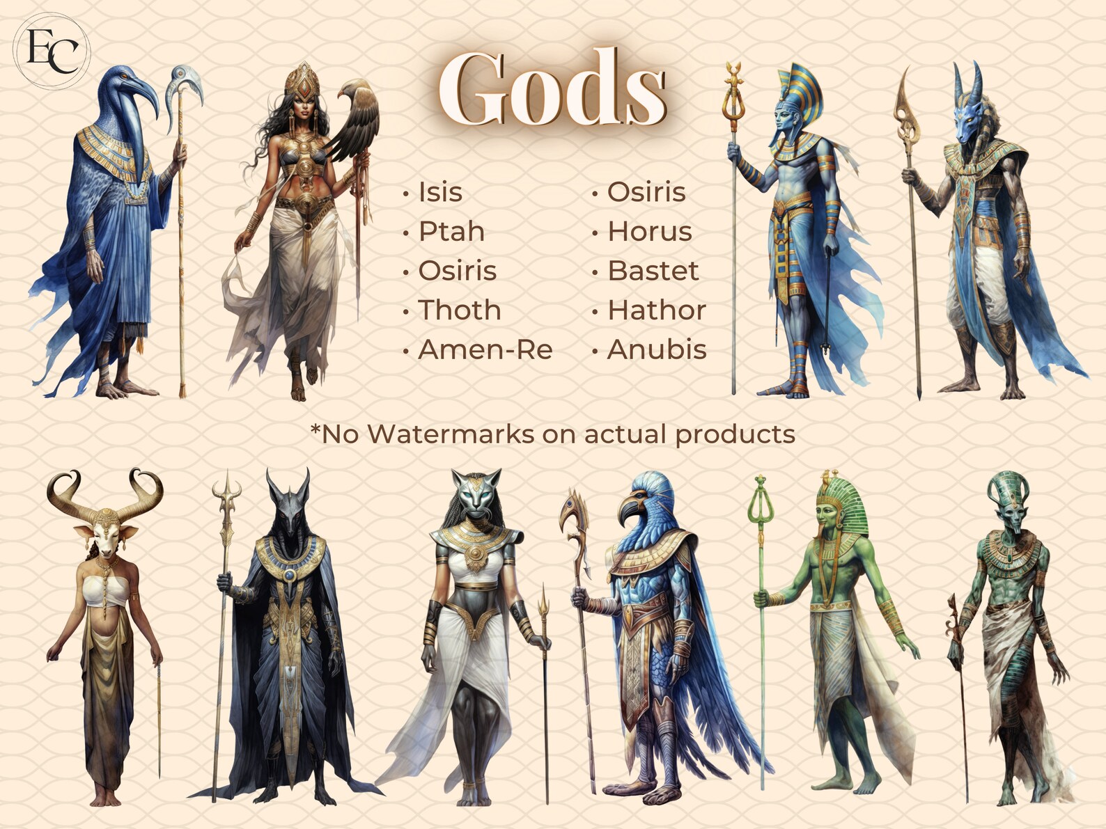 Watercolor Ancient Egyptian Gods & Monsters Clipart, Fantasy Ancient ...