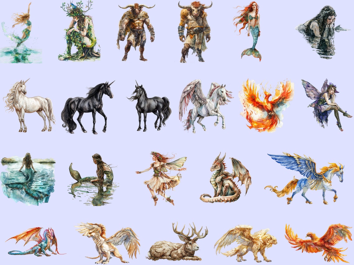 23 PNG Watercolor Mythical Creature Clipart Bundle, Fairytale Clip Art ...