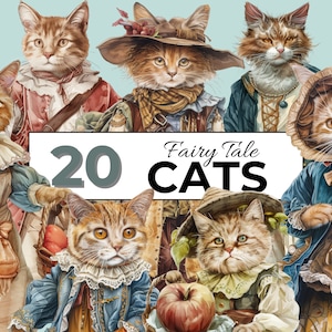 20 PNG Watercolor Fairytale Cats Clipart Bundle, Fairy Tale Animal Clip ...
