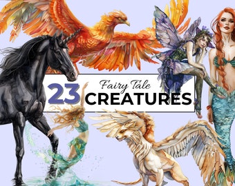 23 PNG Watercolor Mythical Creature Clipart Bundle, Fairytale Clip Art ...