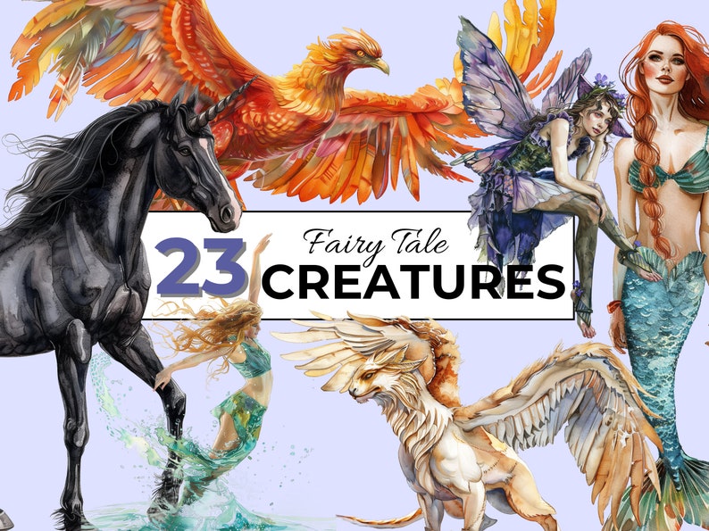 23 PNG Watercolor Mythical Creature Clipart Bundle, Fairytale Clip Art ...