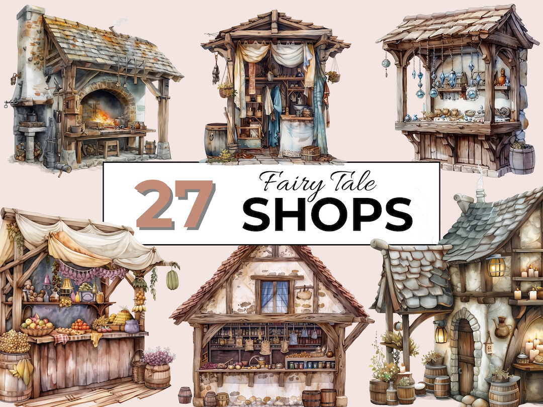 27 PNG Watercolor Fantasy Fairy Tale Shops Clipart Bundle, Medieval ...