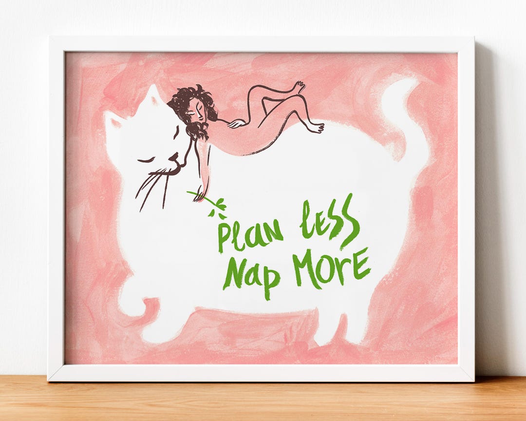 Plan Less, Nap More Cat Fine Art Print, Sleeping Woman With Cat Hand ...