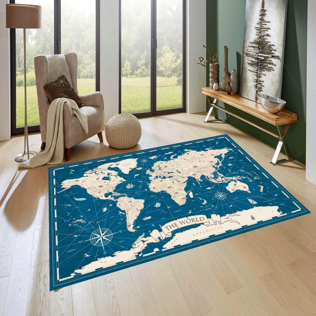 World Map Rug: Geography Home Decor, Non-slip Cotton Base - Etsy UK