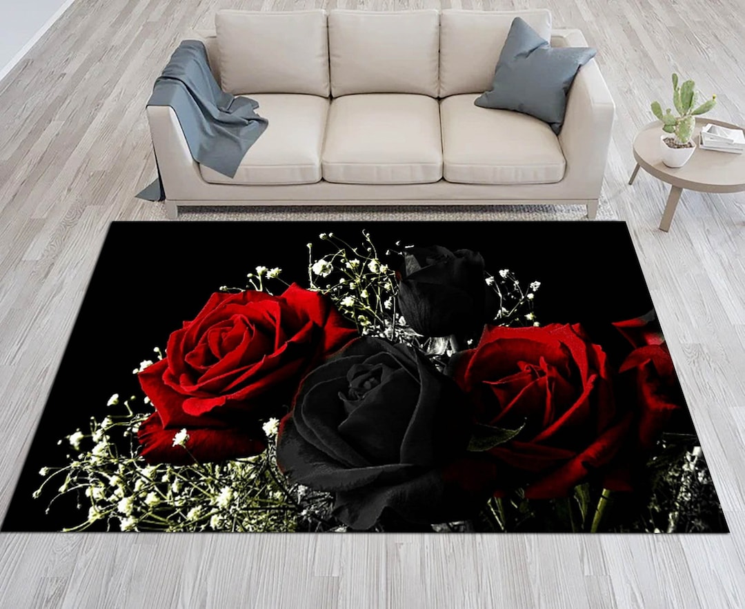 Red Roses, Red Rose Rug,for Living Room Rug,area Rug, Gift Rug, Black ...