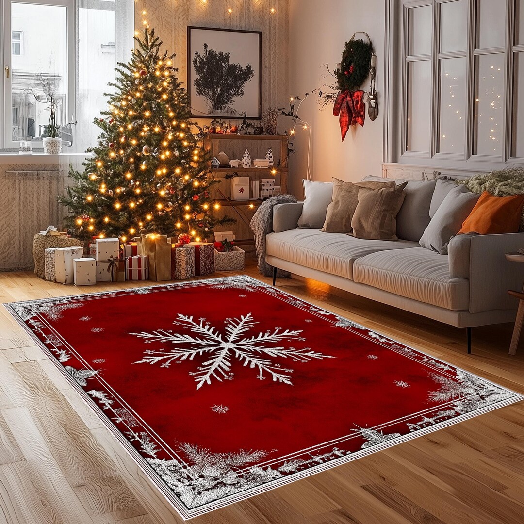 Red Snowflake Christmas Rug: Holiday Area Rug - Etsy