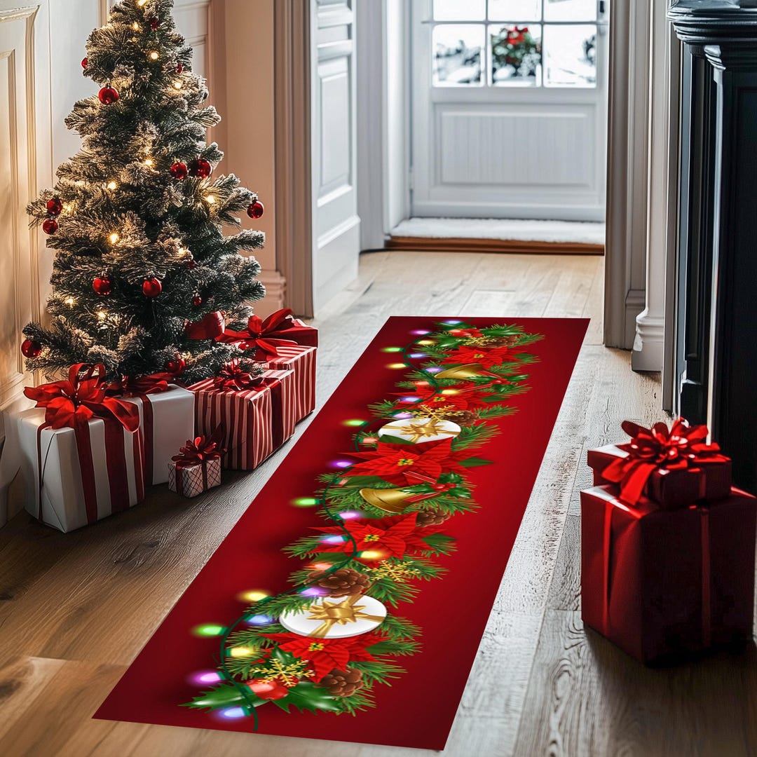Christmas Hallway Runner Rug: Snowflakes & Poinsettia Decoration - Etsy